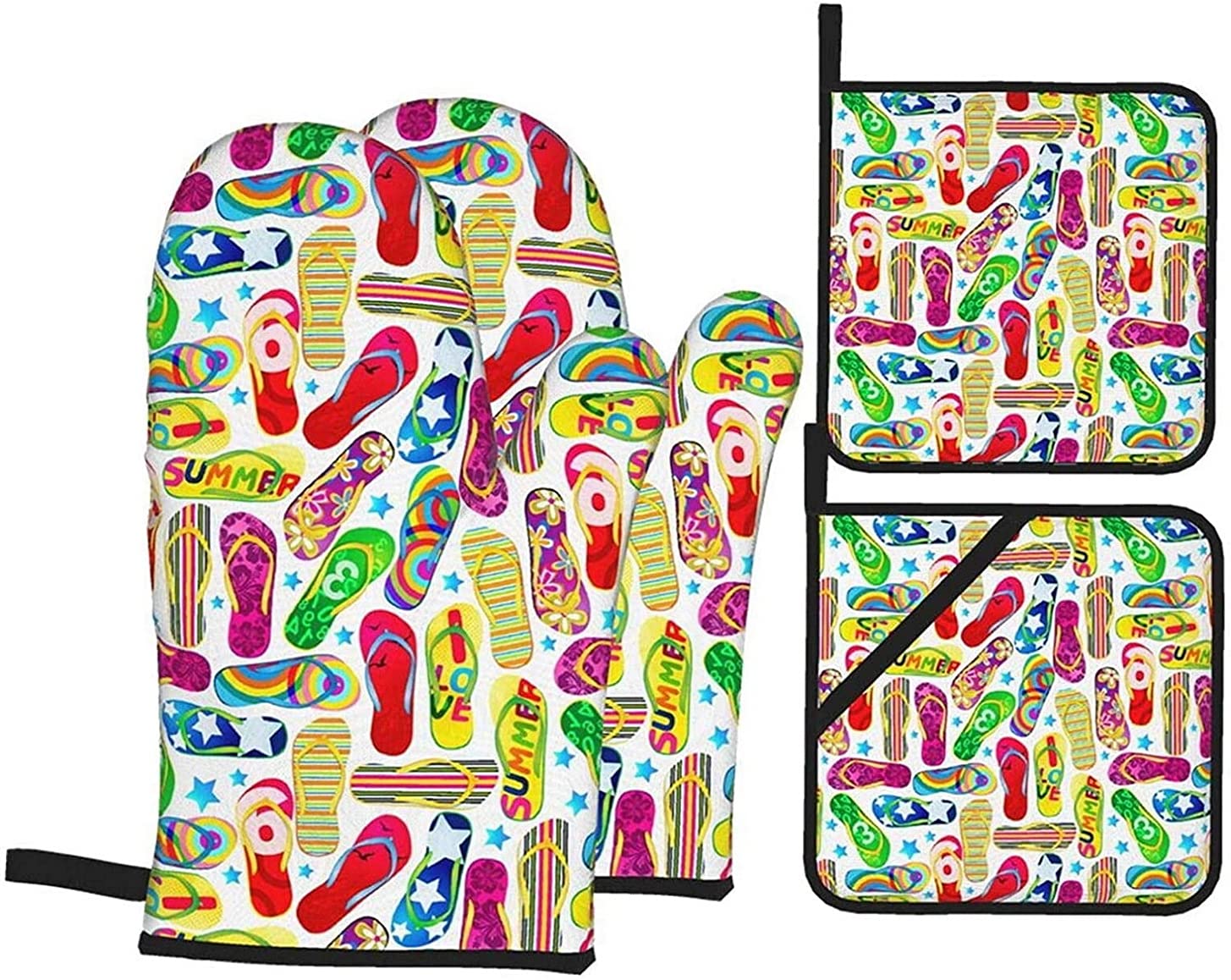 Colorful flip Flops Pattern Oven Mitts and Pot Holders Set of 4 Kitchen Set for Cooking