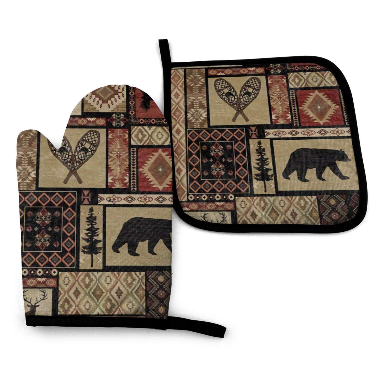 Rustic Lodge Bear Moose Oven Mitts and Pot Holders Set Kitchen Gift Set for Kitchen Cooking Baking, BBQ