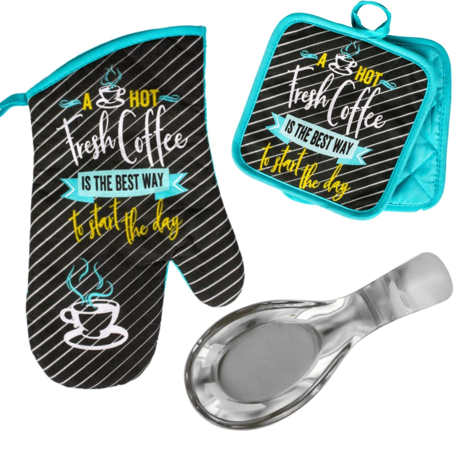 Coffee Lovers Gift Set Bundle. Cute Coffee Themed Oven Mitt, Pot Holder, Spoon Rest,