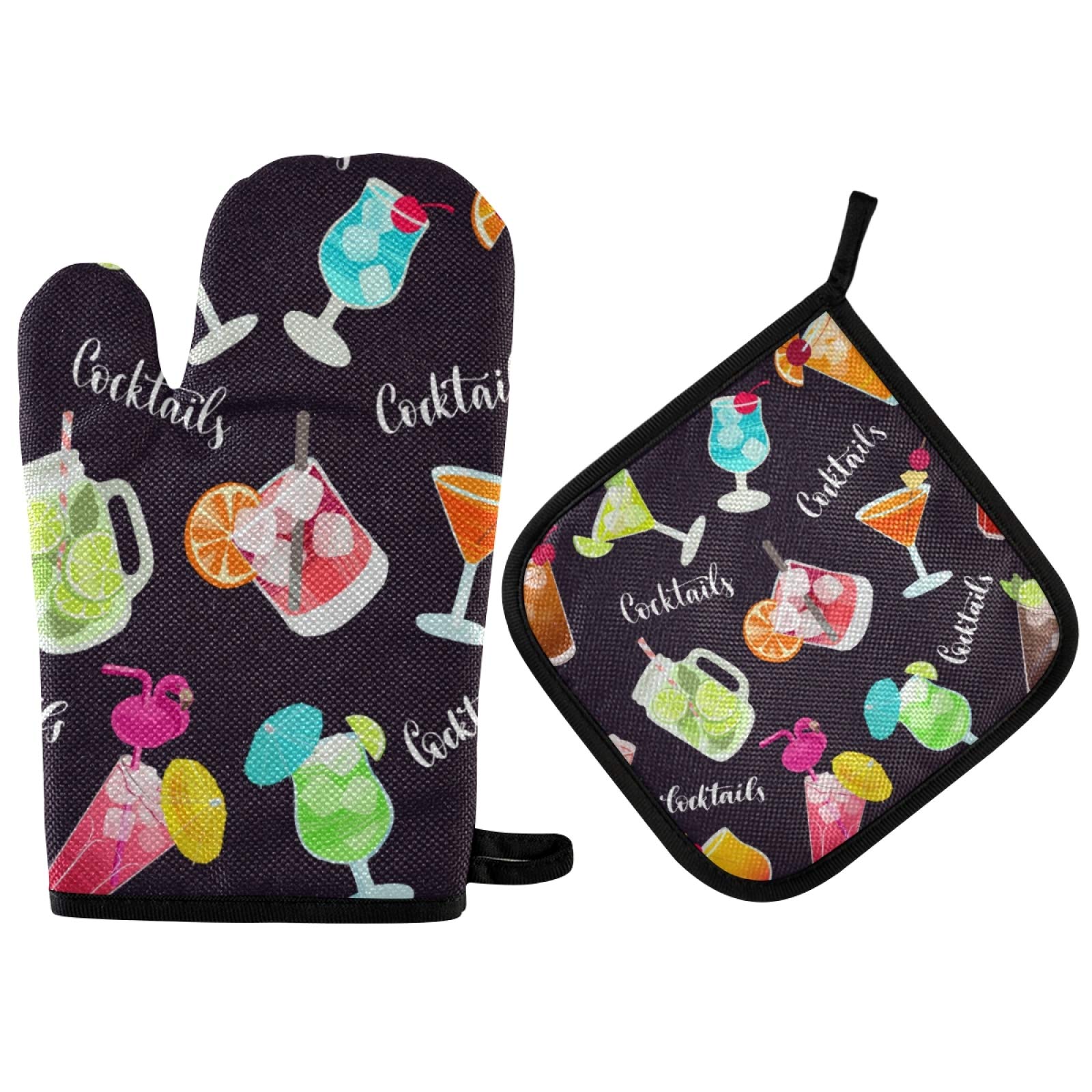 Drinks and Cocktails Drawn Kitchen Oven Mitts Pot Holders Sets Heat Resistant Machine Washable BBQ Gloves for Cooking Baking Grilling