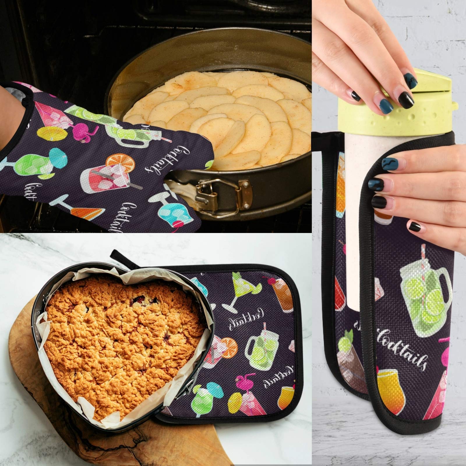 Drinks and Cocktails Drawn Kitchen Oven Mitts Pot Holders Sets Heat Resistant Machine Washable BBQ Gloves for Cooking Baking Grilling