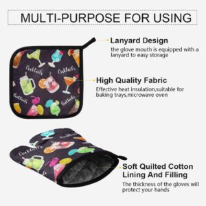 Drinks and Cocktails Drawn Kitchen Oven Mitts Pot Holders Sets Heat Resistant Machine Washable BBQ Gloves for Cooking Baking Grilling