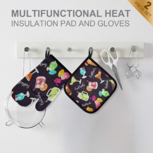 Drinks and Cocktails Drawn Kitchen Oven Mitts Pot Holders Sets Heat Resistant Machine Washable BBQ Gloves for Cooking Baking Grilling