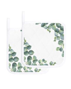 2pack pot holders cotton heat resistant oven hot pads, plant potholder machine washable cloth potholders for daily kitchen baking and cooking with hanging loops - green fresh eucalyptus leaves