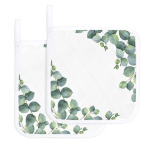 2Pack Pot Holders Cotton Heat Resistant Oven Hot Pads, Plant Potholder Machine Washable Cloth Potholders for Daily Kitchen Baking and Cooking with Hanging Loops - Green Fresh Eucalyptus Leaves