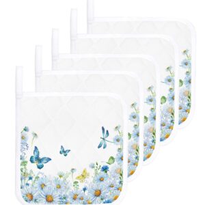 Pot Holder Set of 5 Pastoral Butterfly Dragonfly Daisy Flower Potholder Heat Proof Non-Slip Pot Holders,Blue Gradient Art Hot Pads Potholders for Kitchen Cooking Baking BBQ