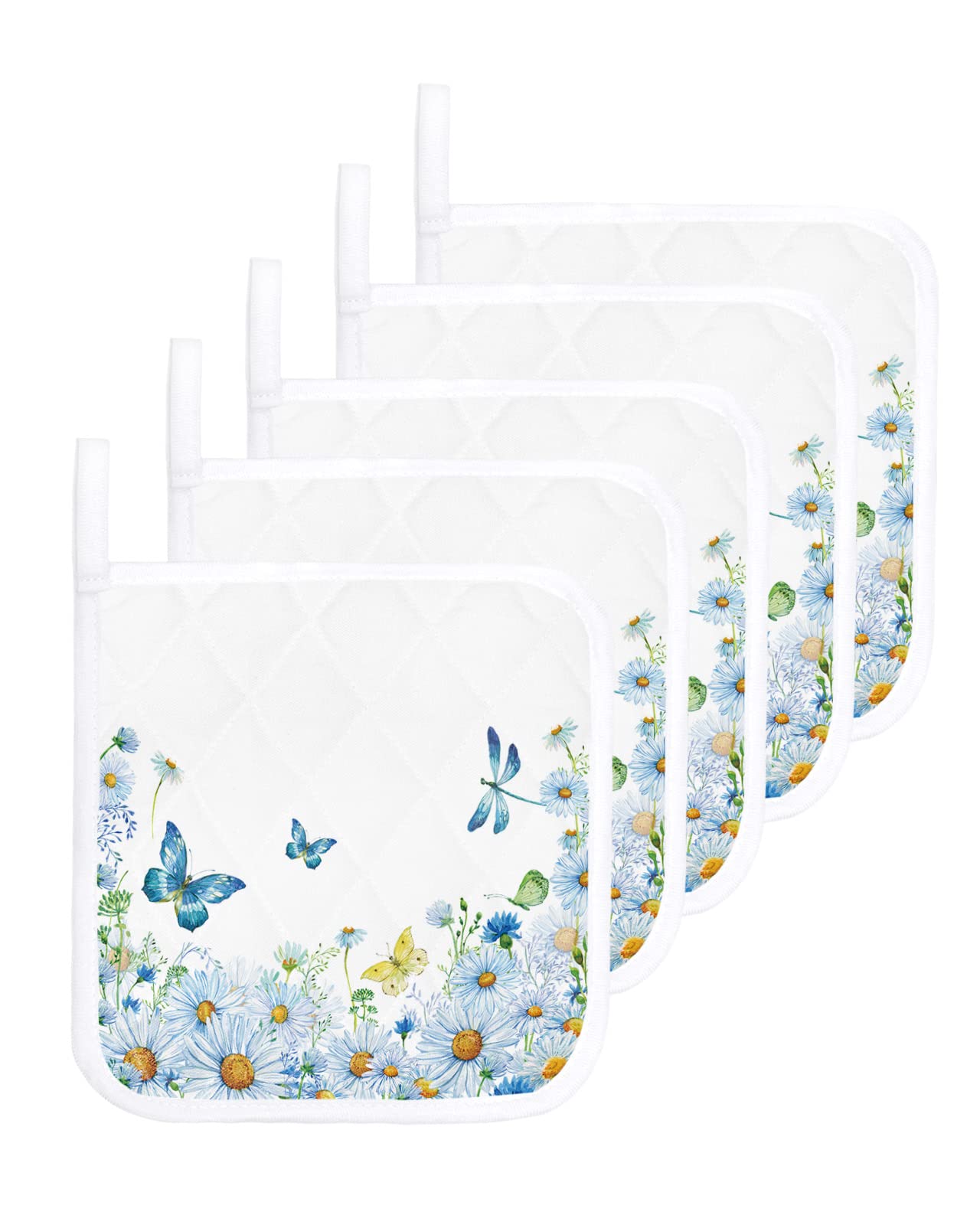 Pot Holder Set of 5 Pastoral Butterfly Dragonfly Daisy Flower Potholder Heat Proof Non-Slip Pot Holders,Blue Gradient Art Hot Pads Potholders for Kitchen Cooking Baking BBQ