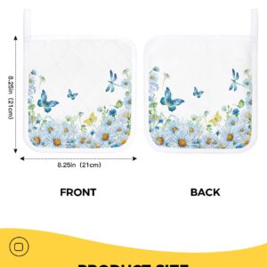 Pot Holder Set of 5 Pastoral Butterfly Dragonfly Daisy Flower Potholder Heat Proof Non-Slip Pot Holders,Blue Gradient Art Hot Pads Potholders for Kitchen Cooking Baking BBQ