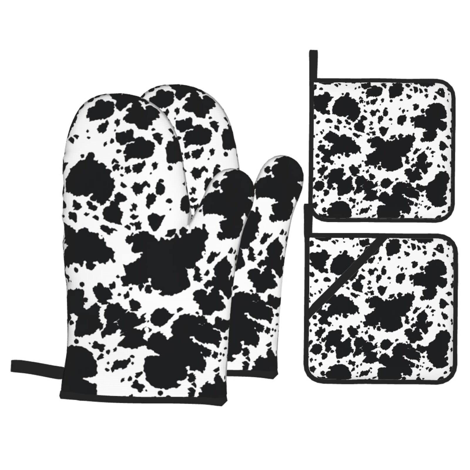 Cow Print Oven Mitts and Pot Holders Set of 4 Washable Heat Resistant Kitchen Gloves Waterproof Oven Gloves and Hot Pads for Cooking Grilling BBQ Baking