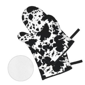 Cow Print Oven Mitts and Pot Holders Set of 4 Washable Heat Resistant Kitchen Gloves Waterproof Oven Gloves and Hot Pads for Cooking Grilling BBQ Baking