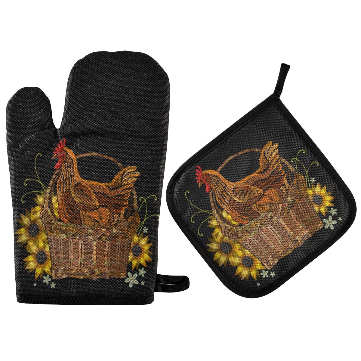 Autumn Sunflowers Rooster Oven Mitts Pot Holders 2pcs Kitchen Heat Resistant Non-Slip Vintage Fall Summer Floral Cock Hot Pad Chickens Oven Gloves Set for Cooking Baking BBQ