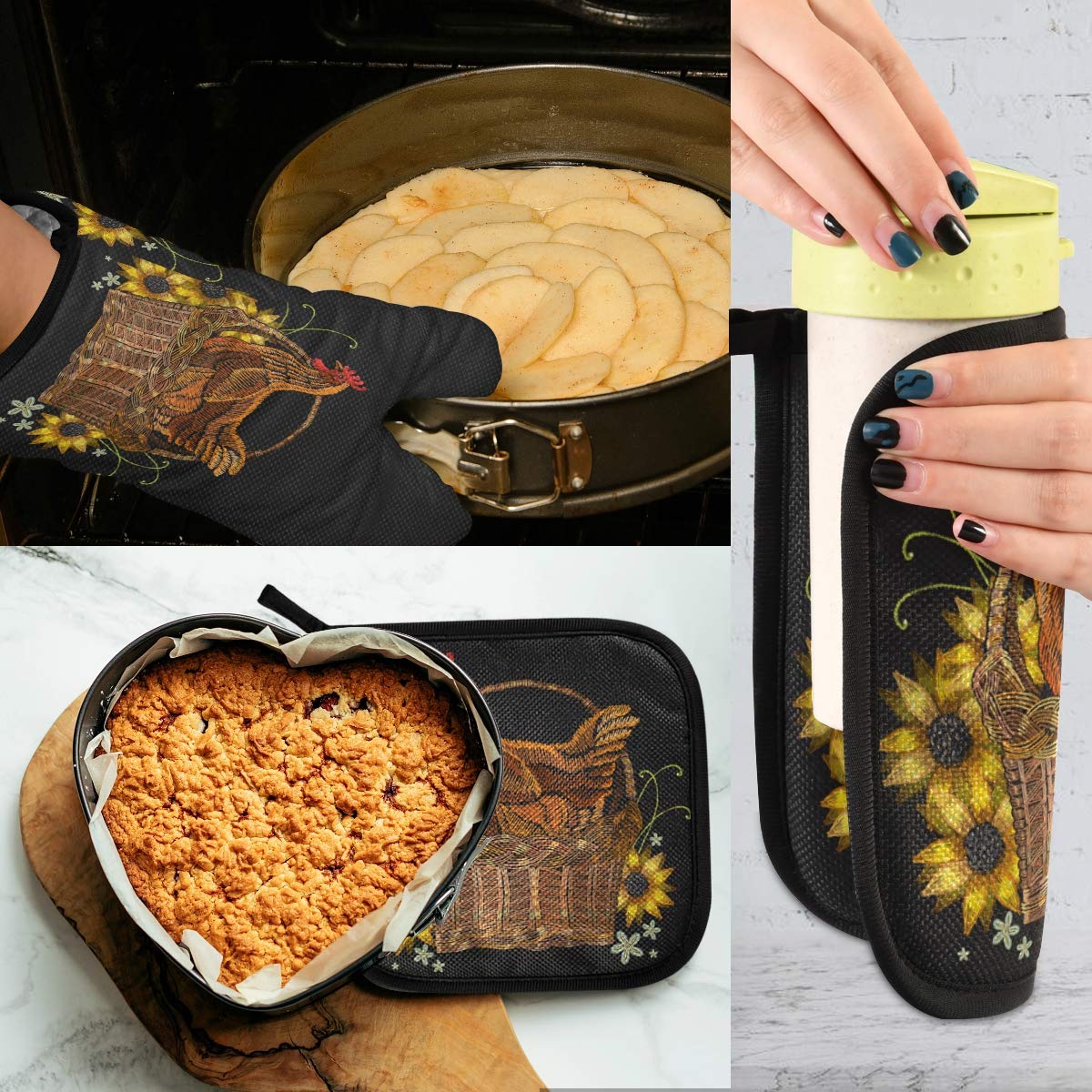 Autumn Sunflowers Rooster Oven Mitts Pot Holders 2pcs Kitchen Heat Resistant Non-Slip Vintage Fall Summer Floral Cock Hot Pad Chickens Oven Gloves Set for Cooking Baking BBQ