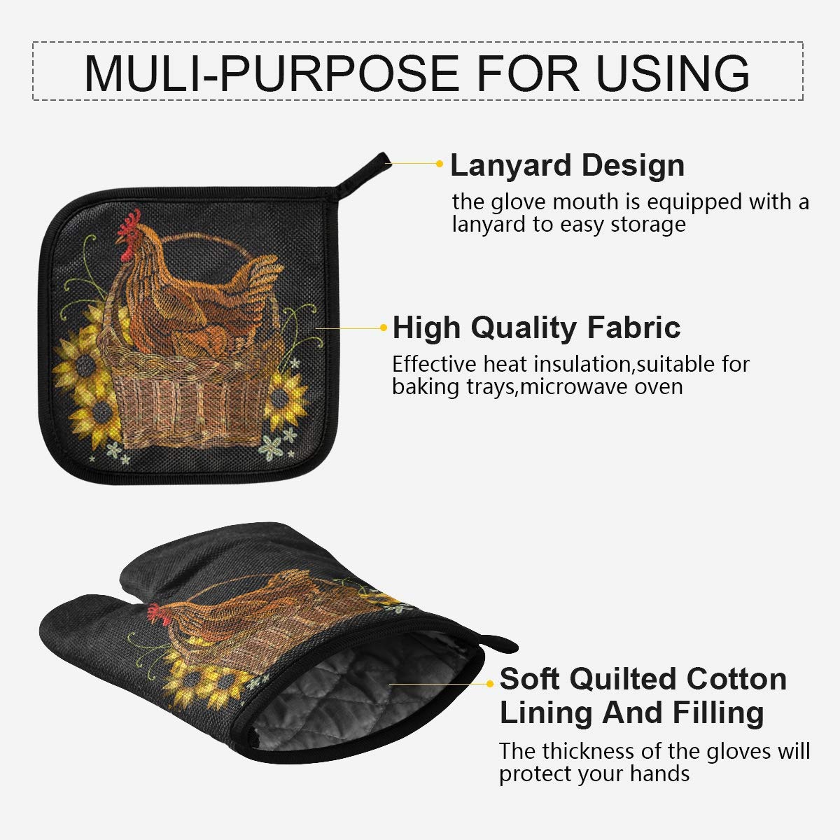 Autumn Sunflowers Rooster Oven Mitts Pot Holders 2pcs Kitchen Heat Resistant Non-Slip Vintage Fall Summer Floral Cock Hot Pad Chickens Oven Gloves Set for Cooking Baking BBQ