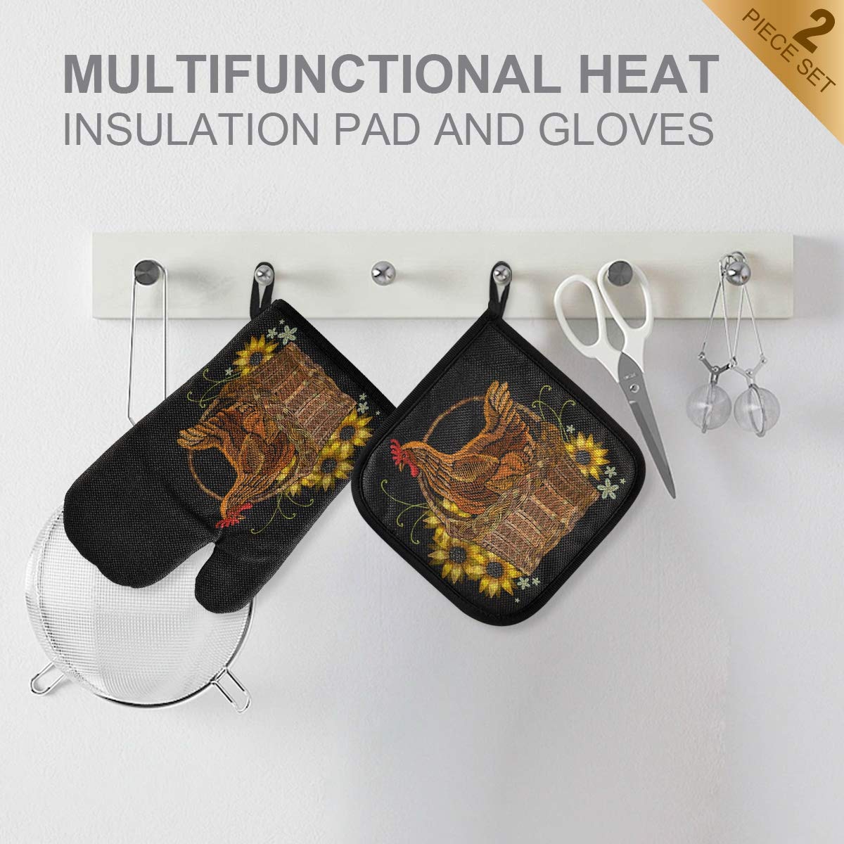 Autumn Sunflowers Rooster Oven Mitts Pot Holders 2pcs Kitchen Heat Resistant Non-Slip Vintage Fall Summer Floral Cock Hot Pad Chickens Oven Gloves Set for Cooking Baking BBQ