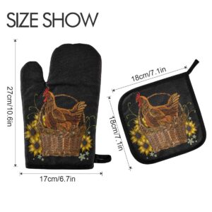 Autumn Sunflowers Rooster Oven Mitts Pot Holders 2pcs Kitchen Heat Resistant Non-Slip Vintage Fall Summer Floral Cock Hot Pad Chickens Oven Gloves Set for Cooking Baking BBQ