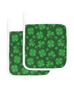 2 pack pot holders for kitchen,st. patrick's day green shamrock heat proof potholder hot pads trivet,four leaf clover black back seamless washable coaster potholders for cooking baking grilling