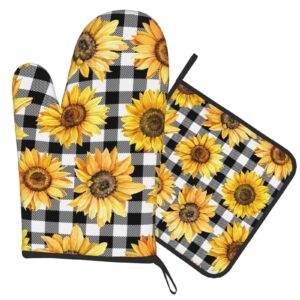 beautiful sunflower buffalo plaid oven mitts pot holders,resistant oven mitts pot holders for cooking bbq baking kitchen decor(2 piece)