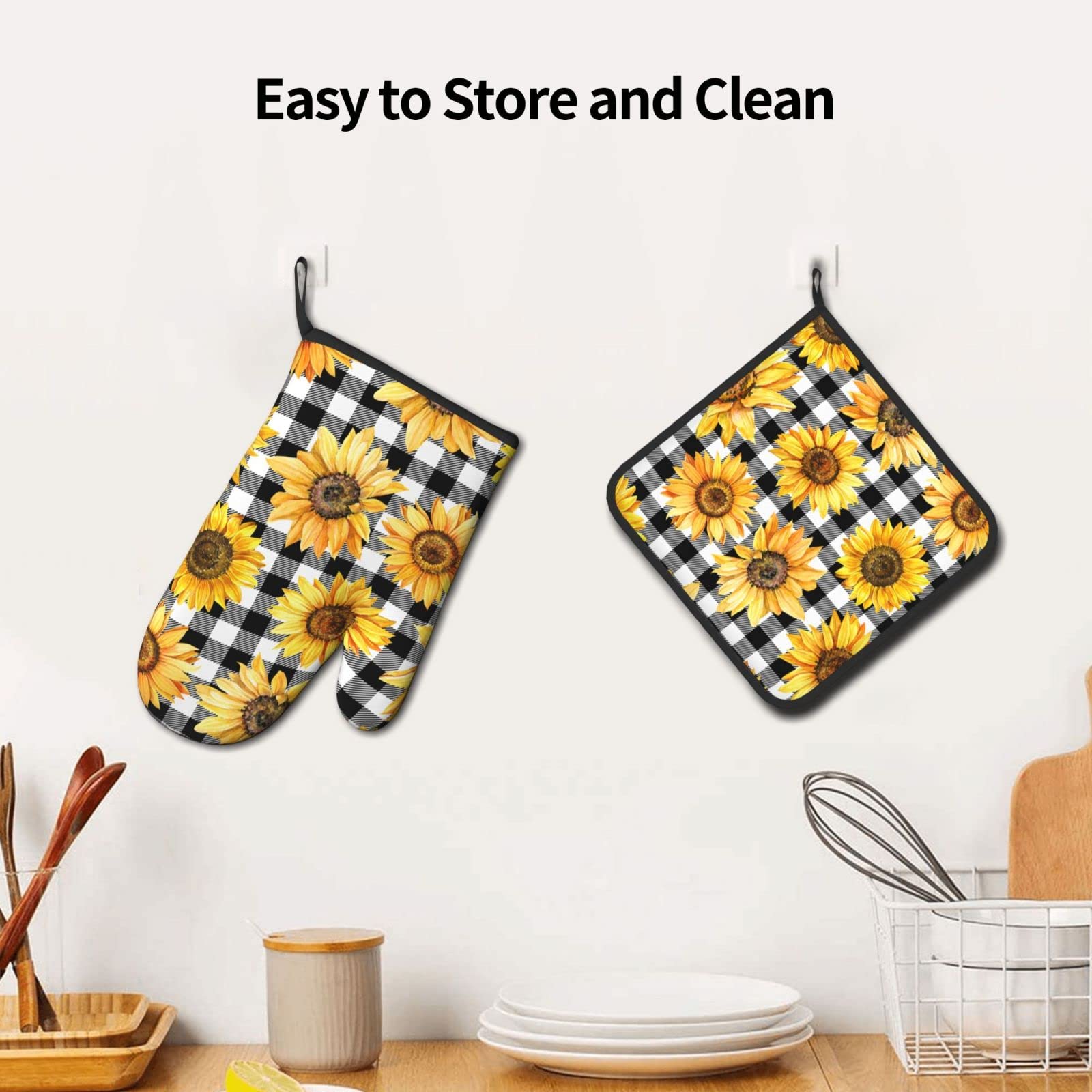 Beautiful Sunflower Buffalo Plaid Oven Mitts Pot Holders,Resistant Oven Mitts Pot Holders for Cooking BBQ Baking Kitchen Decor(2 Piece)