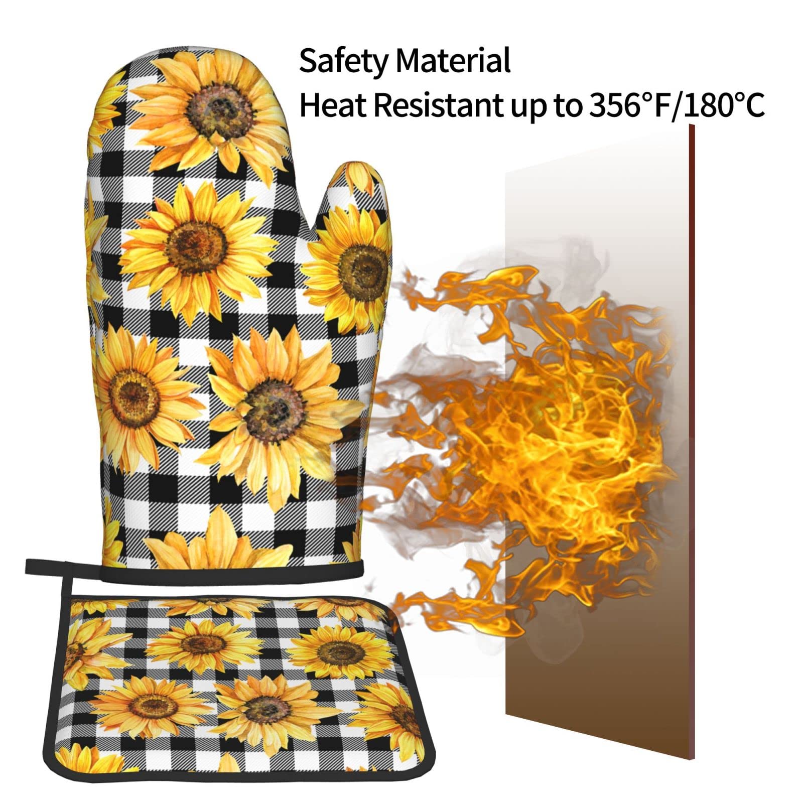 Beautiful Sunflower Buffalo Plaid Oven Mitts Pot Holders,Resistant Oven Mitts Pot Holders for Cooking BBQ Baking Kitchen Decor(2 Piece)