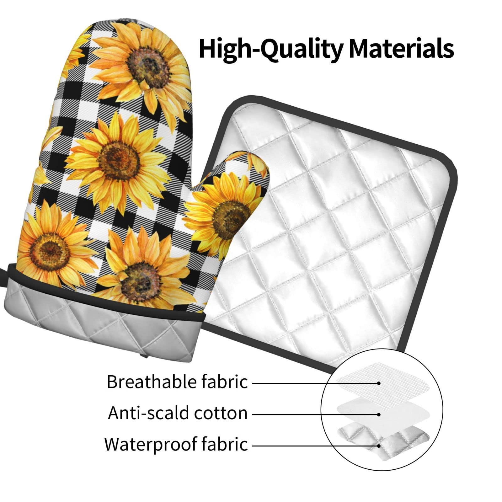 Beautiful Sunflower Buffalo Plaid Oven Mitts Pot Holders,Resistant Oven Mitts Pot Holders for Cooking BBQ Baking Kitchen Decor(2 Piece)