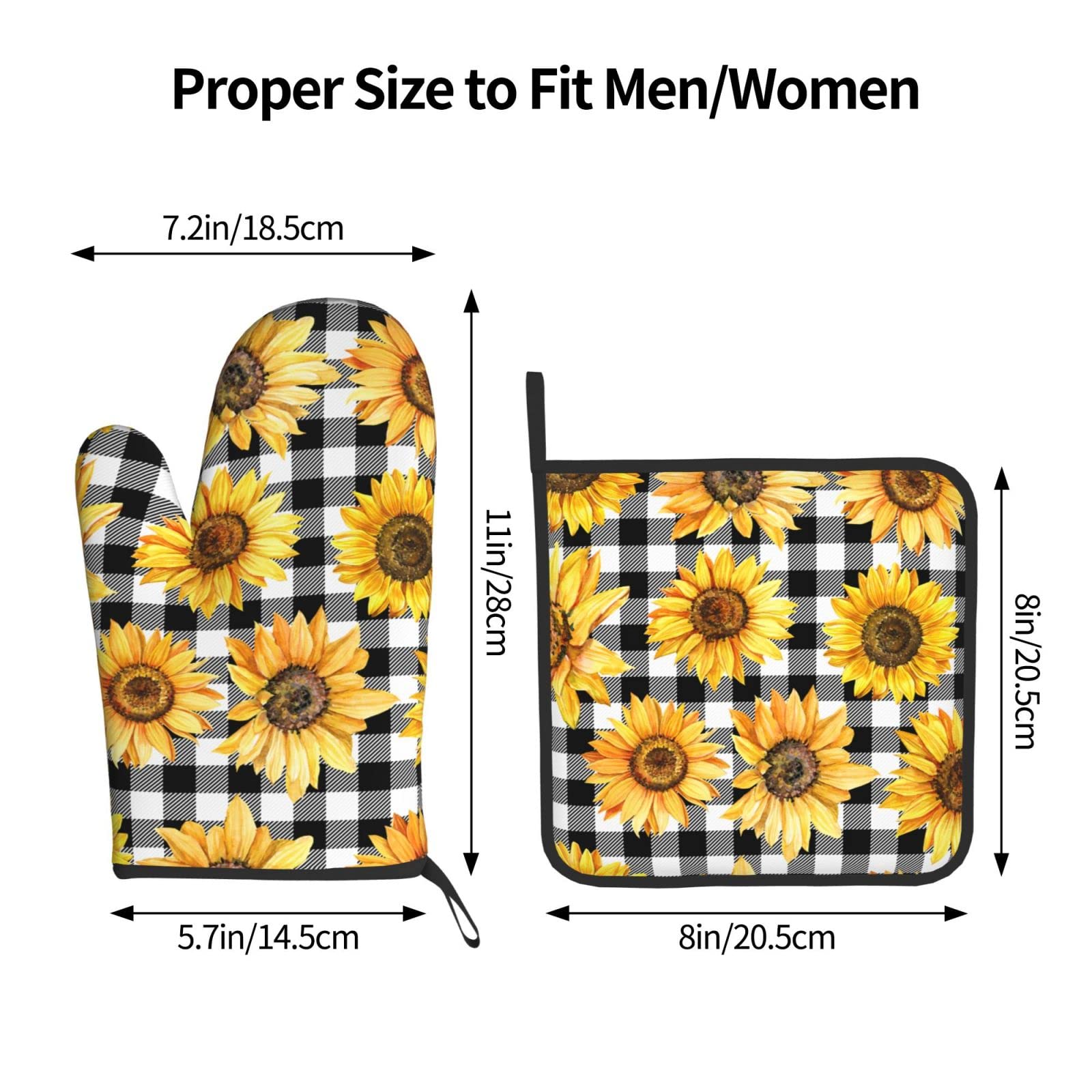 Beautiful Sunflower Buffalo Plaid Oven Mitts Pot Holders,Resistant Oven Mitts Pot Holders for Cooking BBQ Baking Kitchen Decor(2 Piece)