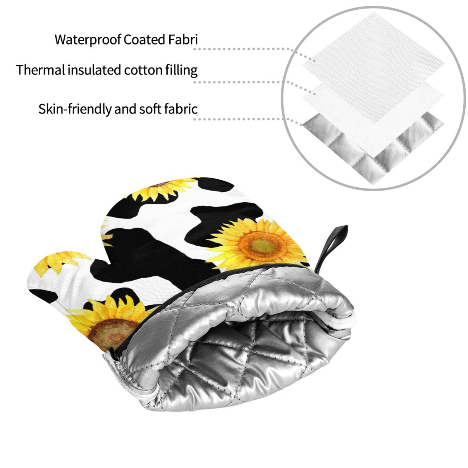 Black Cow Skin Sunflower Oven Mitts and Pot Holders Sets of 4,Non-Slip Heat Resistant Oven Gloves for Baking Cooking Grilling BBQ