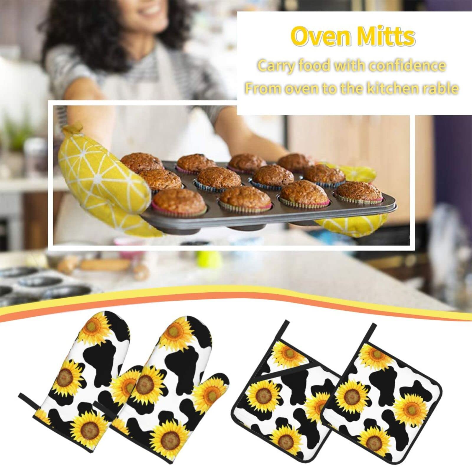 Black Cow Skin Sunflower Oven Mitts and Pot Holders Sets of 4,Non-Slip Heat Resistant Oven Gloves for Baking Cooking Grilling BBQ