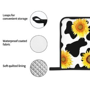 Black Cow Skin Sunflower Oven Mitts and Pot Holders Sets of 4,Non-Slip Heat Resistant Oven Gloves for Baking Cooking Grilling BBQ