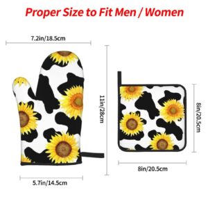 Black Cow Skin Sunflower Oven Mitts and Pot Holders Sets of 4,Non-Slip Heat Resistant Oven Gloves for Baking Cooking Grilling BBQ