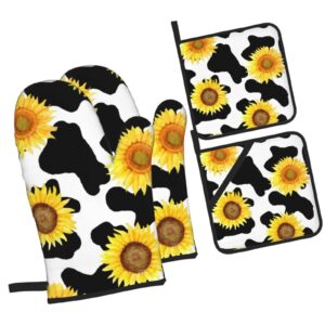 Black Cow Skin Sunflower Oven Mitts and Pot Holders Sets of 4,Non-Slip Heat Resistant Oven Gloves for Baking Cooking Grilling BBQ