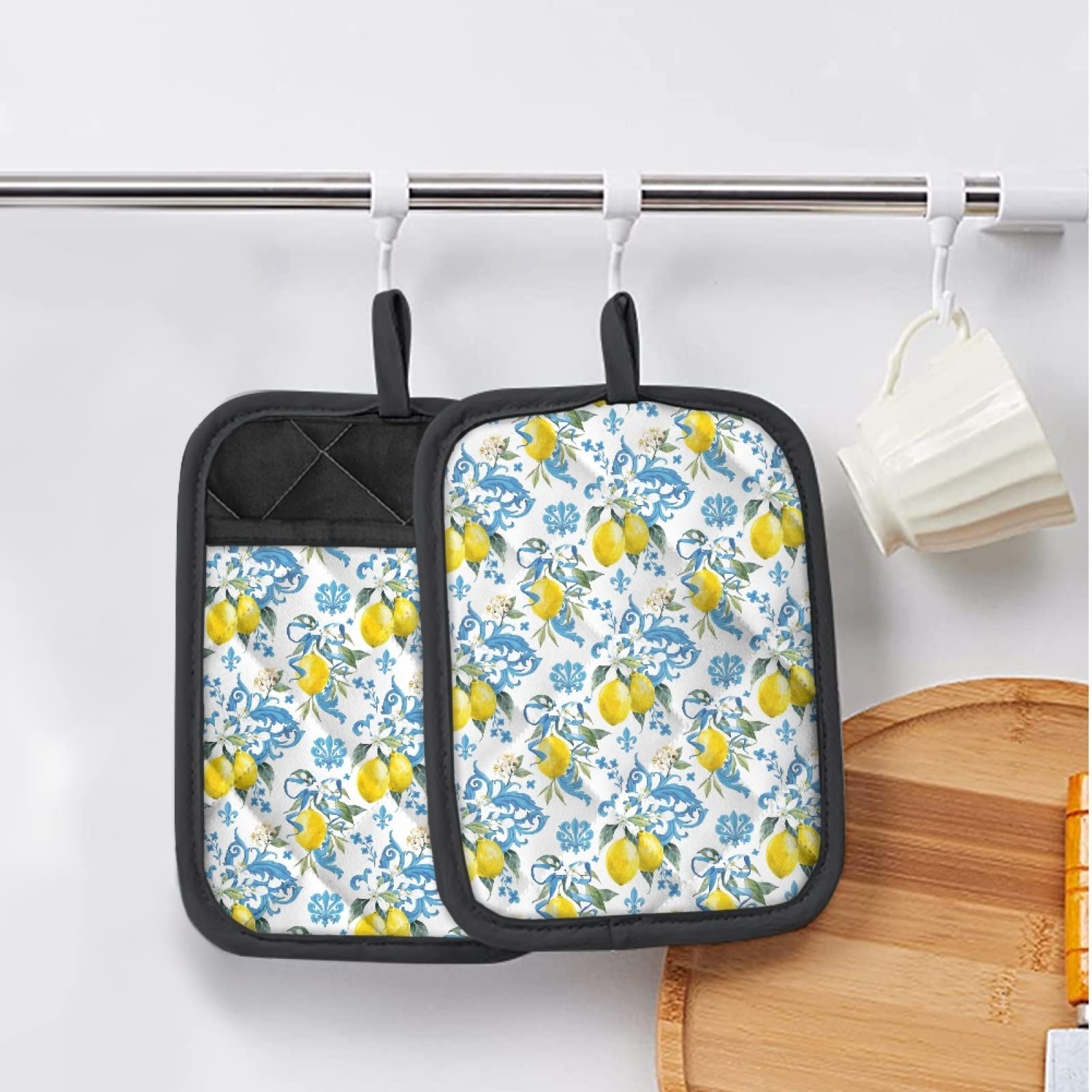 Jndtueit Lemon Non Slip Heat Resistant Hot Pot Holder 2Set, Yellow Fruit Quilted Liner 9.6*7.4 Inches with Hanging Loop with Pocket, Blue Leaf Potholder for Cooking & Baking