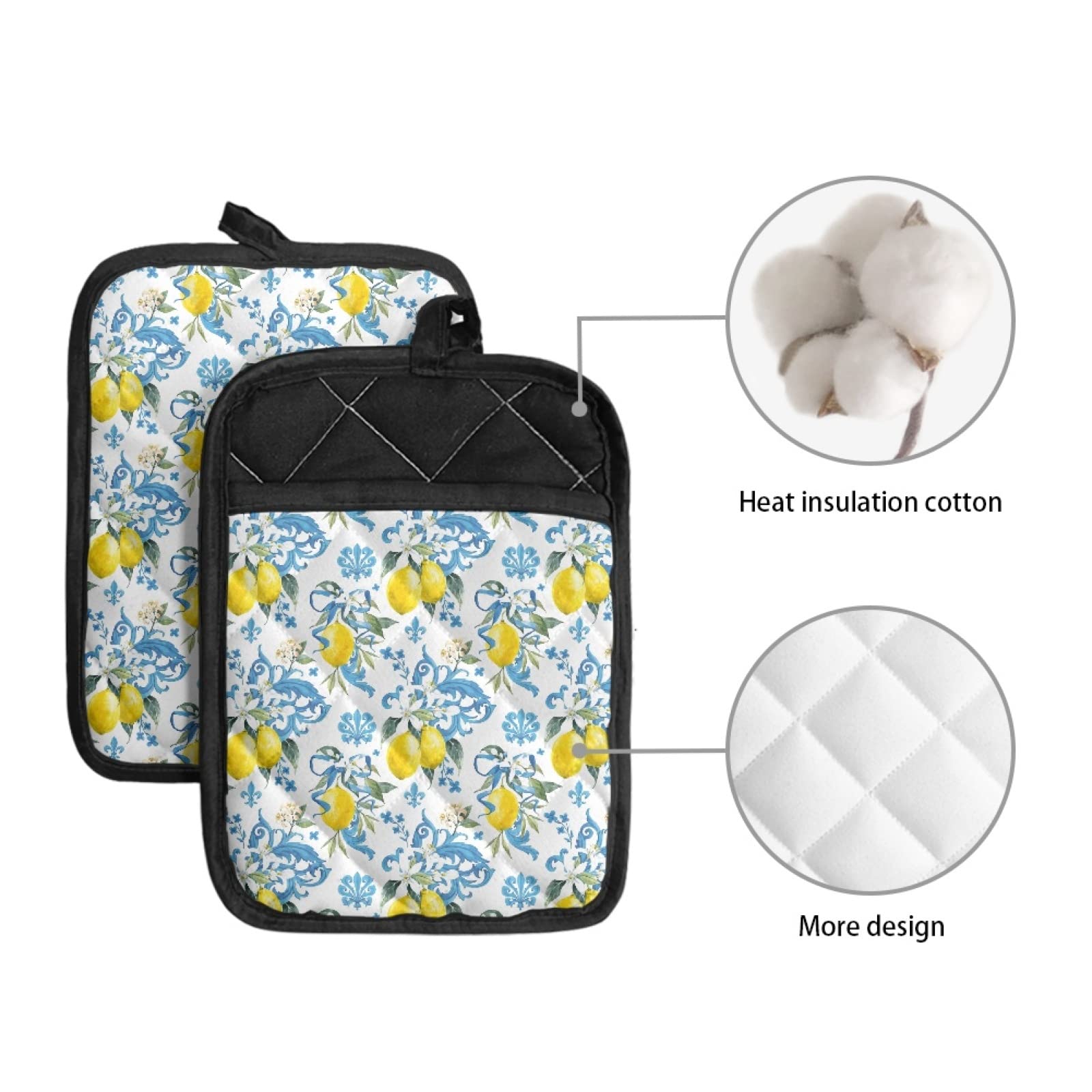 Jndtueit Lemon Non Slip Heat Resistant Hot Pot Holder 2Set, Yellow Fruit Quilted Liner 9.6*7.4 Inches with Hanging Loop with Pocket, Blue Leaf Potholder for Cooking & Baking