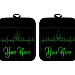 Bleu Reign Oven Mitt and Potholder Set Personalized Custom Name Smoker Marijuana Weed Gives Me Life Heartbeat Linen