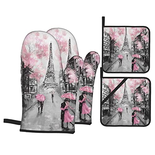 Romantic Paris Street 4pcs Oven Mitts and Pot Holders Sets Kitchen High Heat Resistant Non Slip Oven Glove for Cooking BBQ Baking Grilling