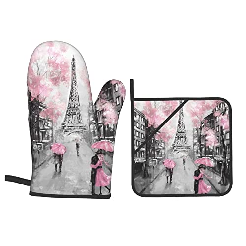 Romantic Paris Street 4pcs Oven Mitts and Pot Holders Sets Kitchen High Heat Resistant Non Slip Oven Glove for Cooking BBQ Baking Grilling