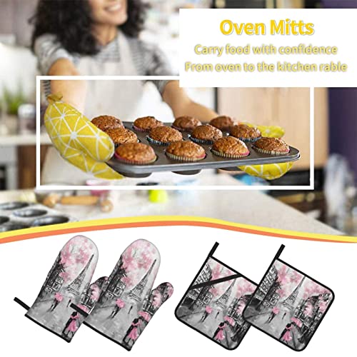 Romantic Paris Street 4pcs Oven Mitts and Pot Holders Sets Kitchen High Heat Resistant Non Slip Oven Glove for Cooking BBQ Baking Grilling