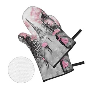 Romantic Paris Street 4pcs Oven Mitts and Pot Holders Sets Kitchen High Heat Resistant Non Slip Oven Glove for Cooking BBQ Baking Grilling