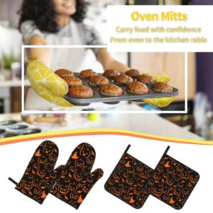 Pnnuo Oven Mitts and Pot Holders Set of 4, Halloween Pumpkin Cotton Lining with Non-Slip Hot Pads, Heat Resistant Microwave Gloves for Cooking Baking Grilling BBQ Decorative Kitchen