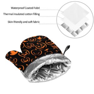 Pnnuo Oven Mitts and Pot Holders Set of 4, Halloween Pumpkin Cotton Lining with Non-Slip Hot Pads, Heat Resistant Microwave Gloves for Cooking Baking Grilling BBQ Decorative Kitchen