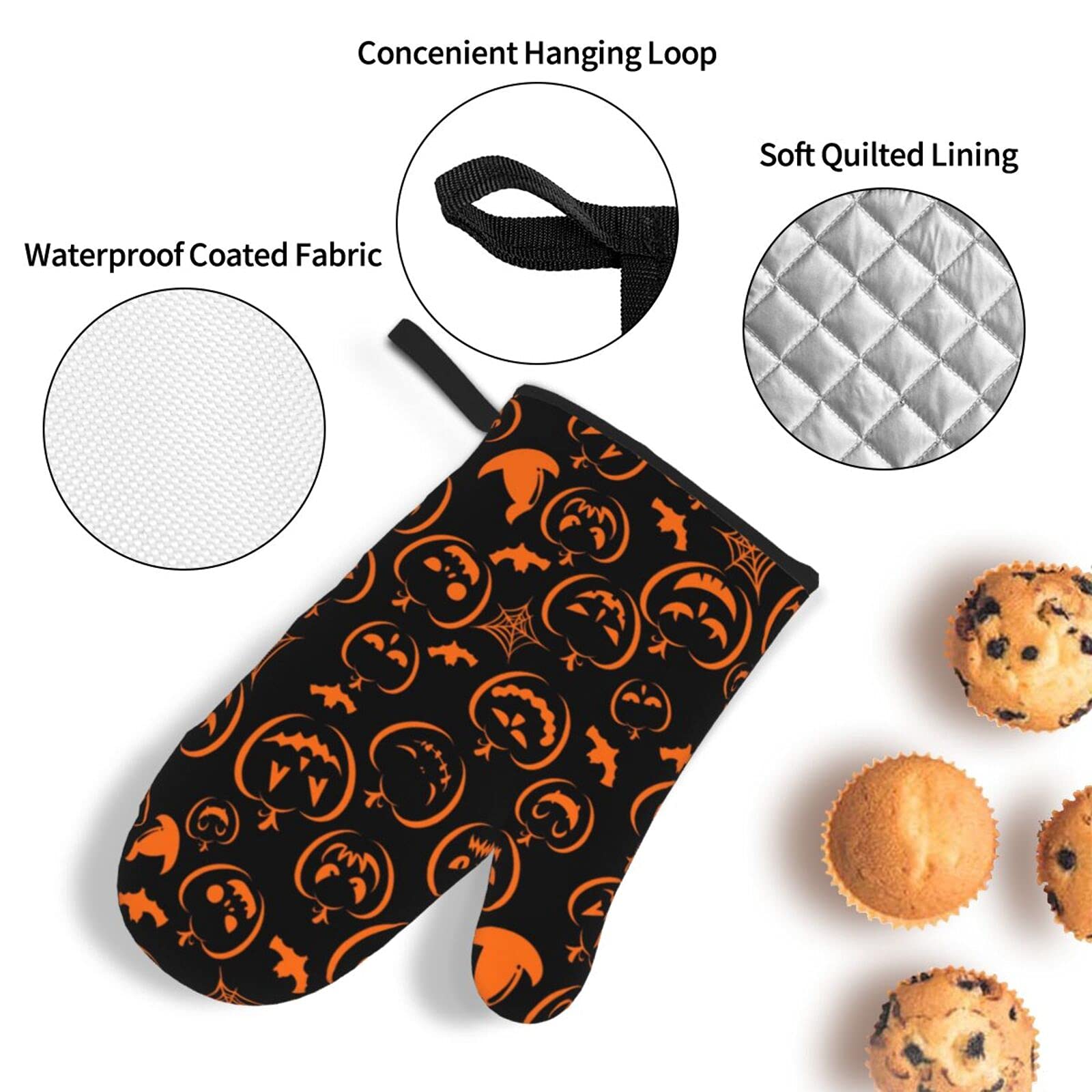 Pnnuo Oven Mitts and Pot Holders Set of 4, Halloween Pumpkin Cotton Lining with Non-Slip Hot Pads, Heat Resistant Microwave Gloves for Cooking Baking Grilling BBQ Decorative Kitchen