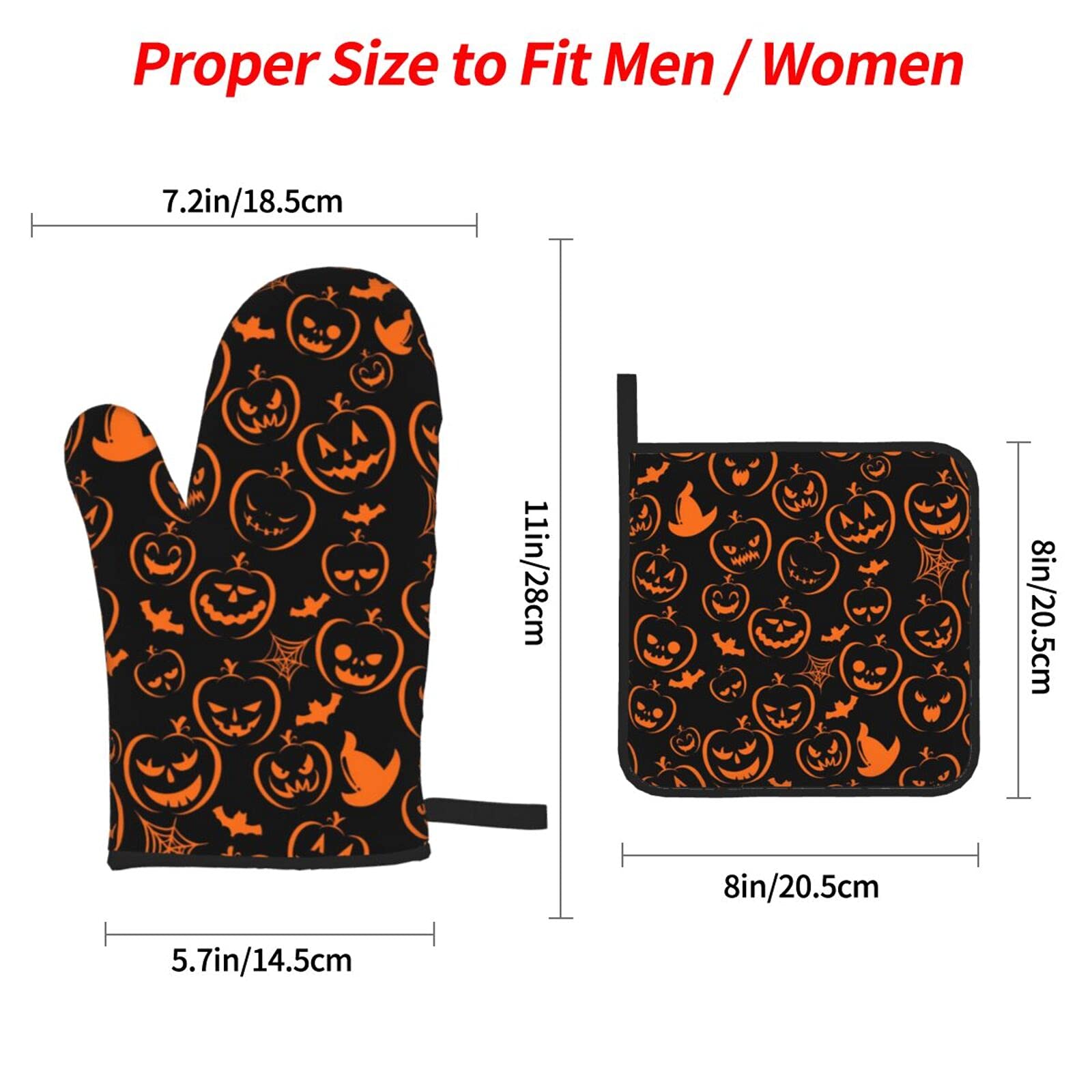 Pnnuo Oven Mitts and Pot Holders Set of 4, Halloween Pumpkin Cotton Lining with Non-Slip Hot Pads, Heat Resistant Microwave Gloves for Cooking Baking Grilling BBQ Decorative Kitchen