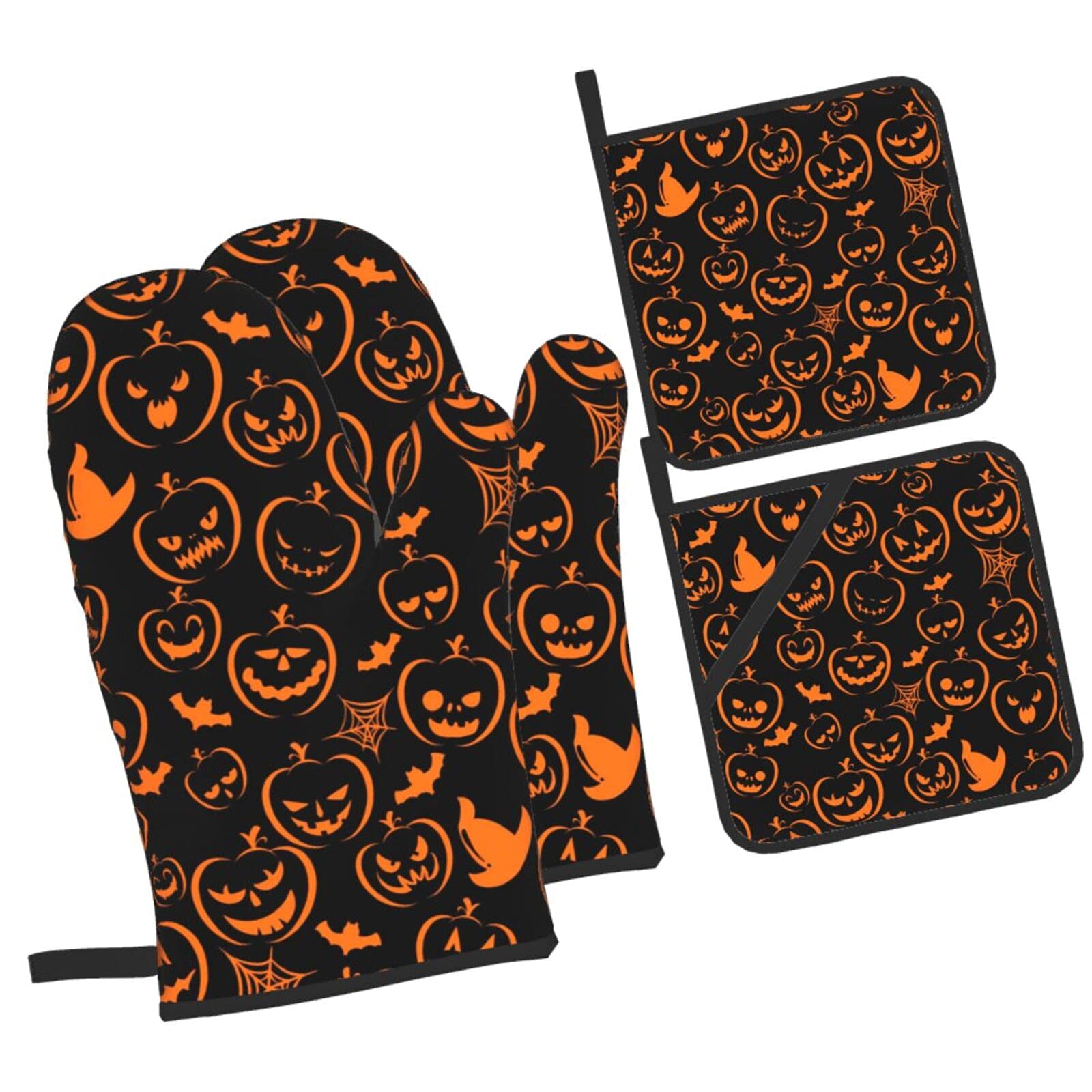 Pnnuo Oven Mitts and Pot Holders Set of 4, Halloween Pumpkin Cotton Lining with Non-Slip Hot Pads, Heat Resistant Microwave Gloves for Cooking Baking Grilling BBQ Decorative Kitchen