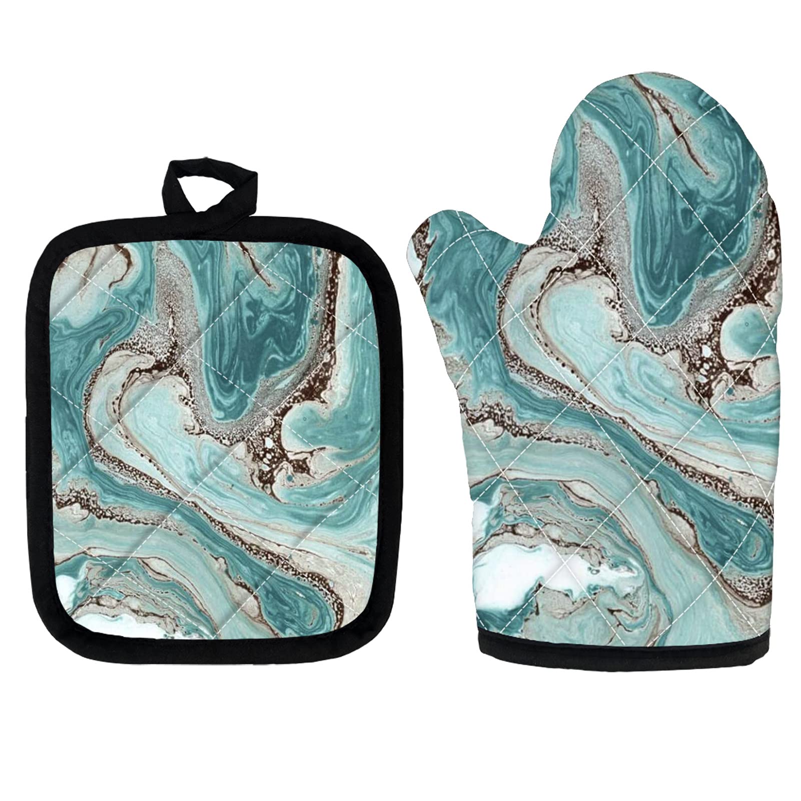 CLOHOMIN Ink Marble Print Heat Resistant Kitchen Oven Mitts Glove + Potholder Teal Gray Abstract Geometry Cooking & Baking & Grilling Heat Resistant Pot Mats Kitchen Gloves