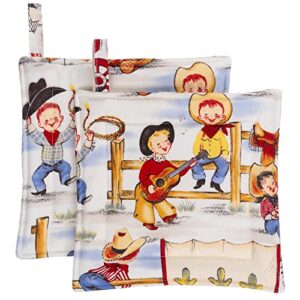 little cowpokes pot holders, set of 2 cotton potholders for western kitchen decor