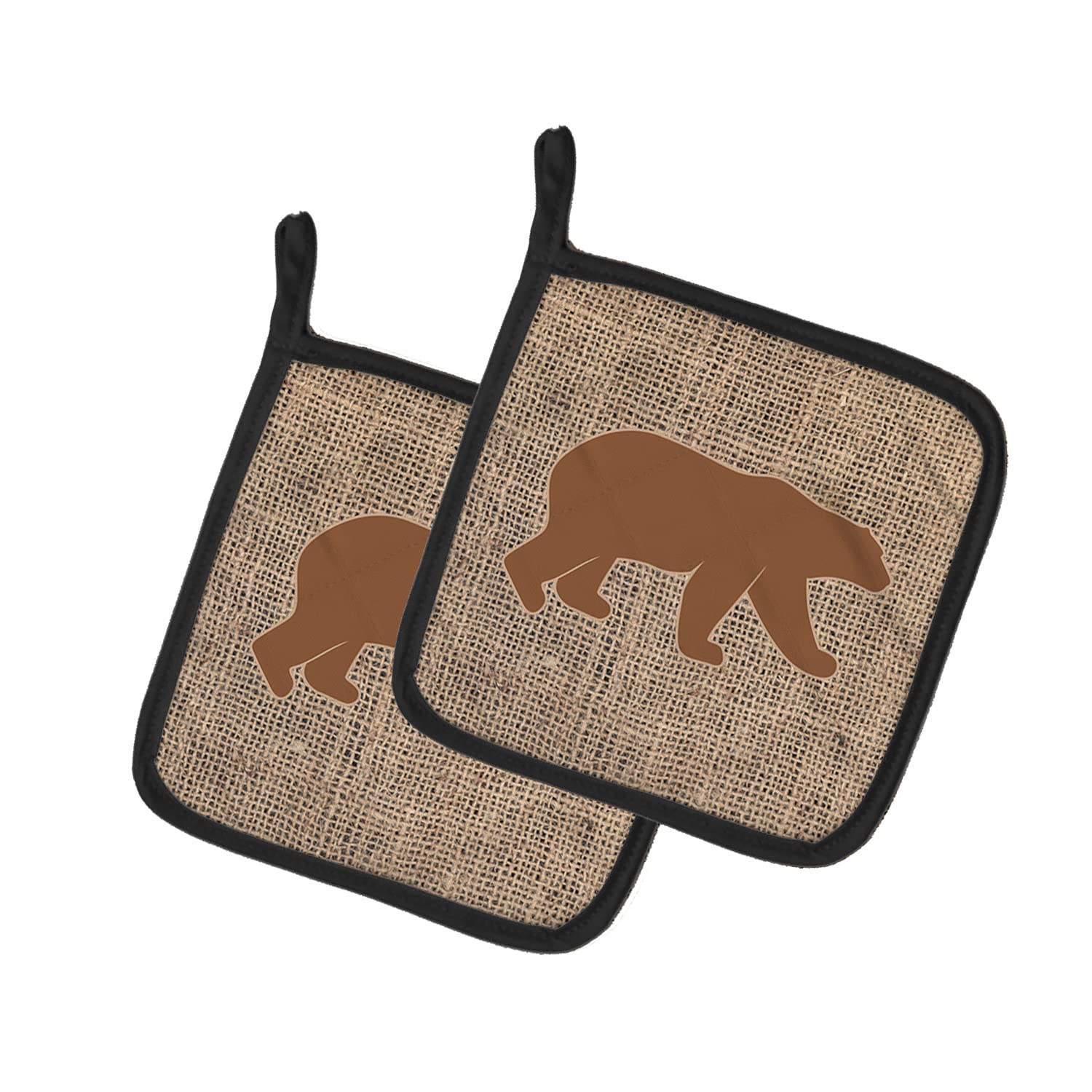 Caroline's Treasures BB1005-BL-BN-PTHD Bear Burlap and Brown Pair of Pot Holders Kitchen Heat Resistant Pot Holders Sets Oven Hot Pads for Cooking Baking BBQ, 7 1/2 x 7 1/2