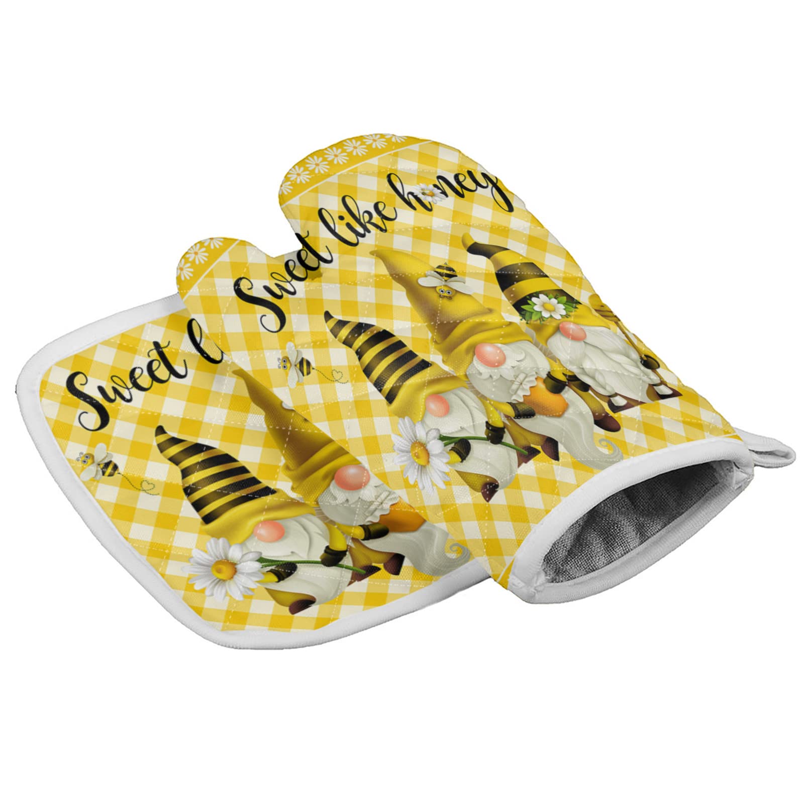 Kitchen Oven Gloves Bee Honey Gnomes Daisy Flower Oven Mitts Pot Holder Set Yellow White Buffalo Plaid Hot Pad Sets for Kitchen BBQ Cooking Baking Grilling Heat Resistance 12 x 6 inch + 8 x 8 inch