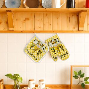 Kitchen Oven Gloves Bee Honey Gnomes Daisy Flower Oven Mitts Pot Holder Set Yellow White Buffalo Plaid Hot Pad Sets for Kitchen BBQ Cooking Baking Grilling Heat Resistance 12 x 6 inch + 8 x 8 inch