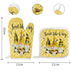 Kitchen Oven Gloves Bee Honey Gnomes Daisy Flower Oven Mitts Pot Holder Set Yellow White Buffalo Plaid Hot Pad Sets for Kitchen BBQ Cooking Baking Grilling Heat Resistance 12 x 6 inch + 8 x 8 inch