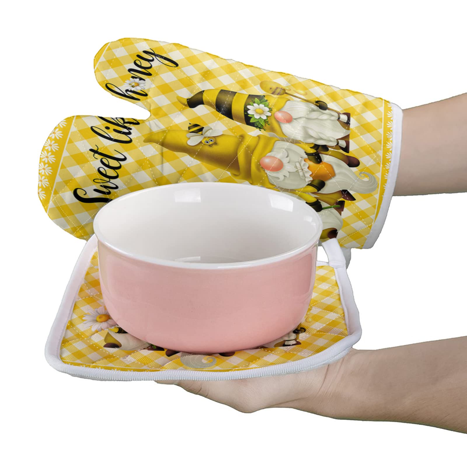 Kitchen Oven Gloves Bee Honey Gnomes Daisy Flower Oven Mitts Pot Holder Set Yellow White Buffalo Plaid Hot Pad Sets for Kitchen BBQ Cooking Baking Grilling Heat Resistance 12 x 6 inch + 8 x 8 inch