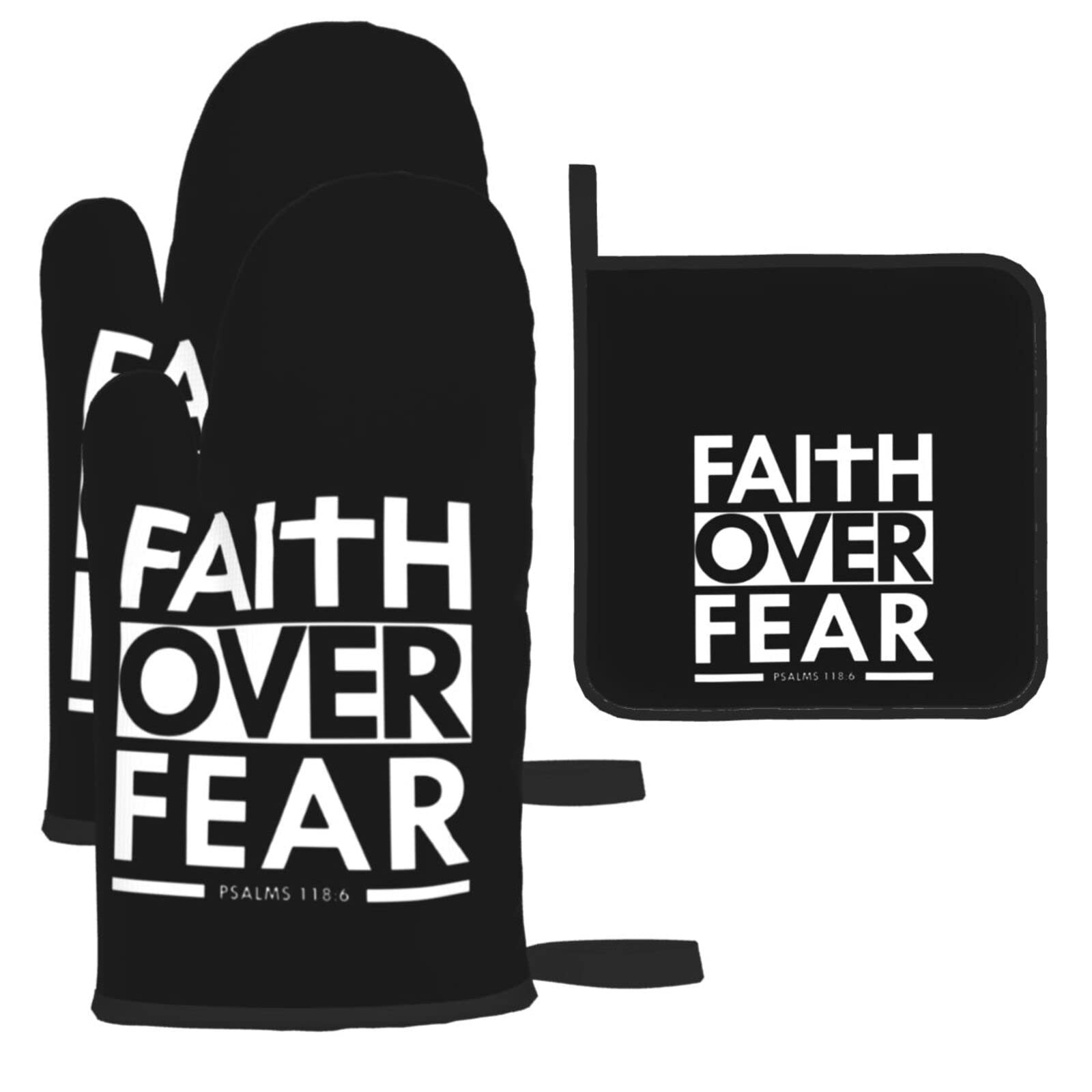 Faith Over Fear Bible Scripture Verse Christian Oven Mitts Pot Holders Sets Fashion Kitchen Heatproof Glove and Heat Insulated Pad